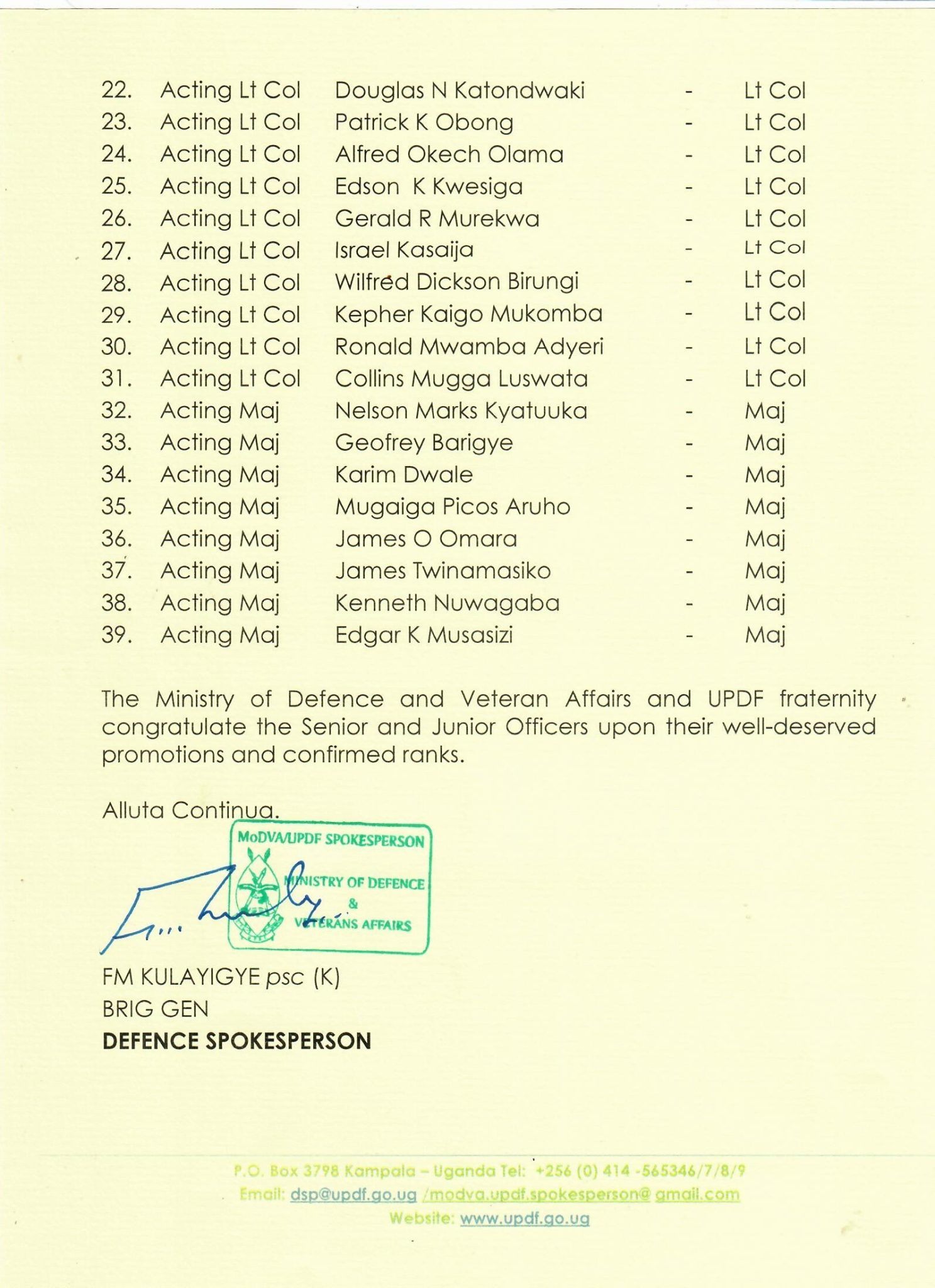 Promotions And Confirmation Of Ranks In UPDF - UPDF