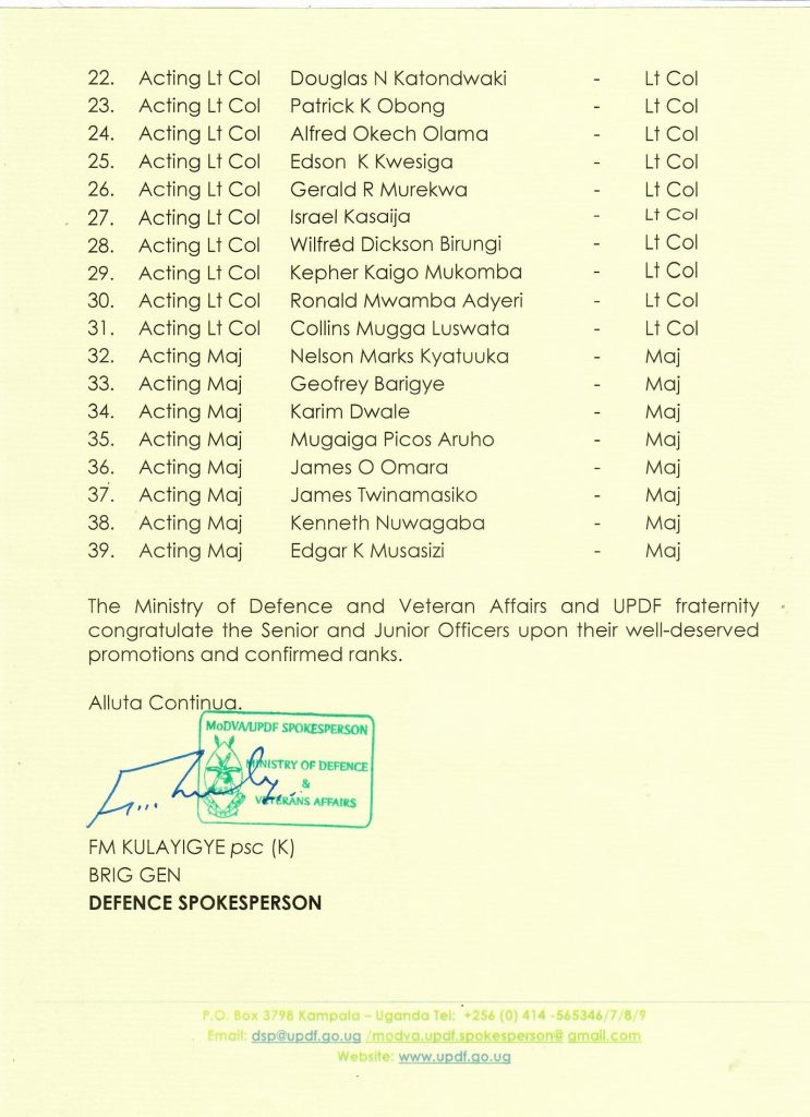 Promotions And Confirmation Of Ranks In UPDF - UPDF