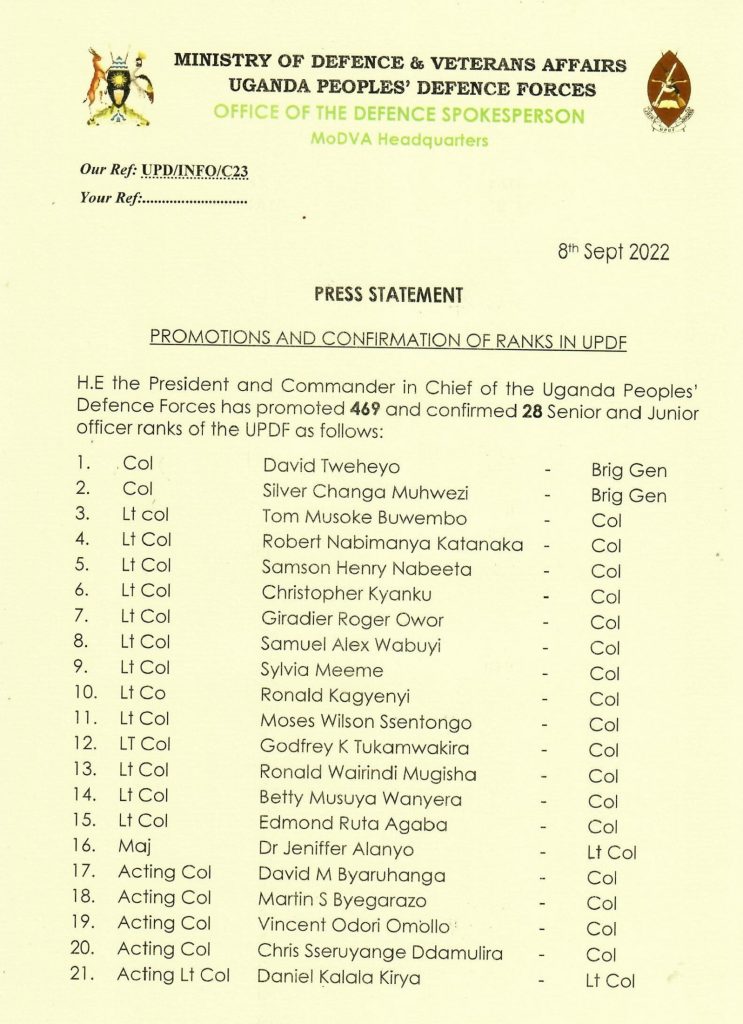 Promotions And Confirmation Of Ranks In UPDF - UPDF