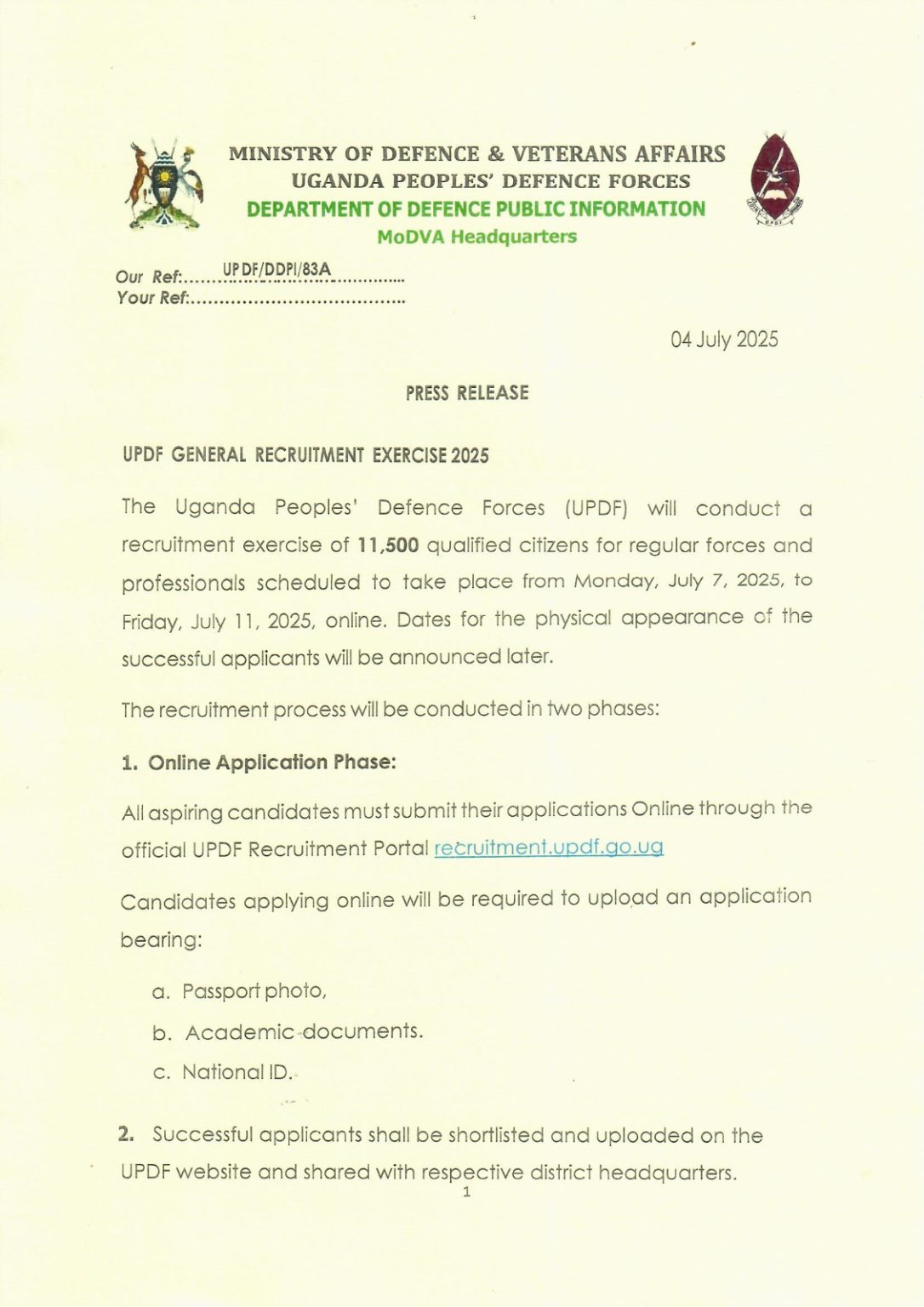 UPDF General Recruitment Exercise 2025 - UPDF