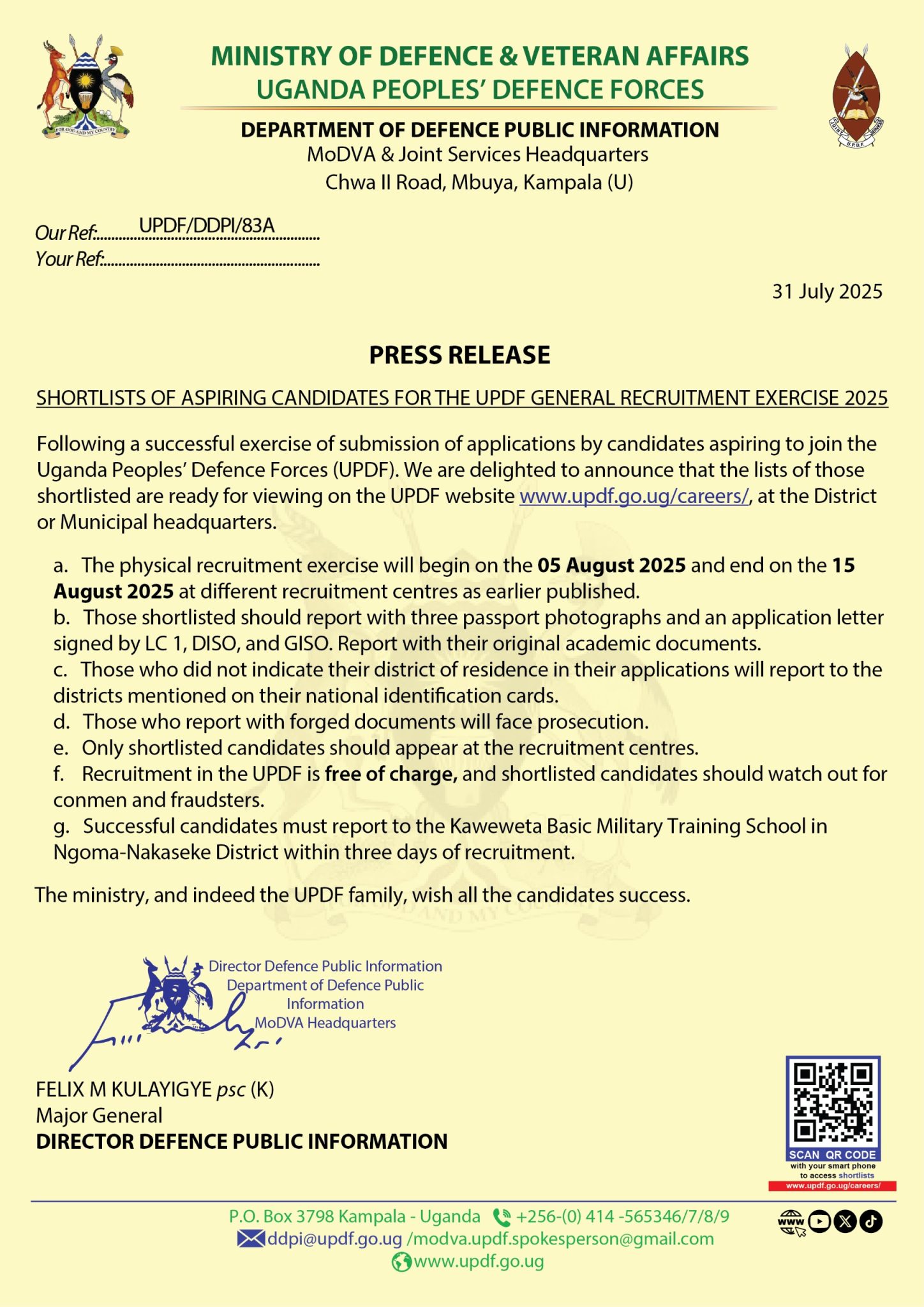 Shortlists Of Aspiring Candidants For The UPDF General Recruitment Exercise 2025 - UPDF