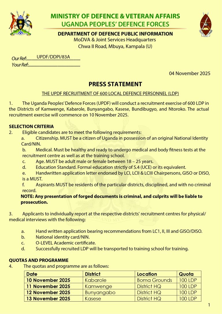 THE UPDF RECRUITMENT OF 600 LOCAL DEFENCE PERSONNEL (LDP) - UPDF